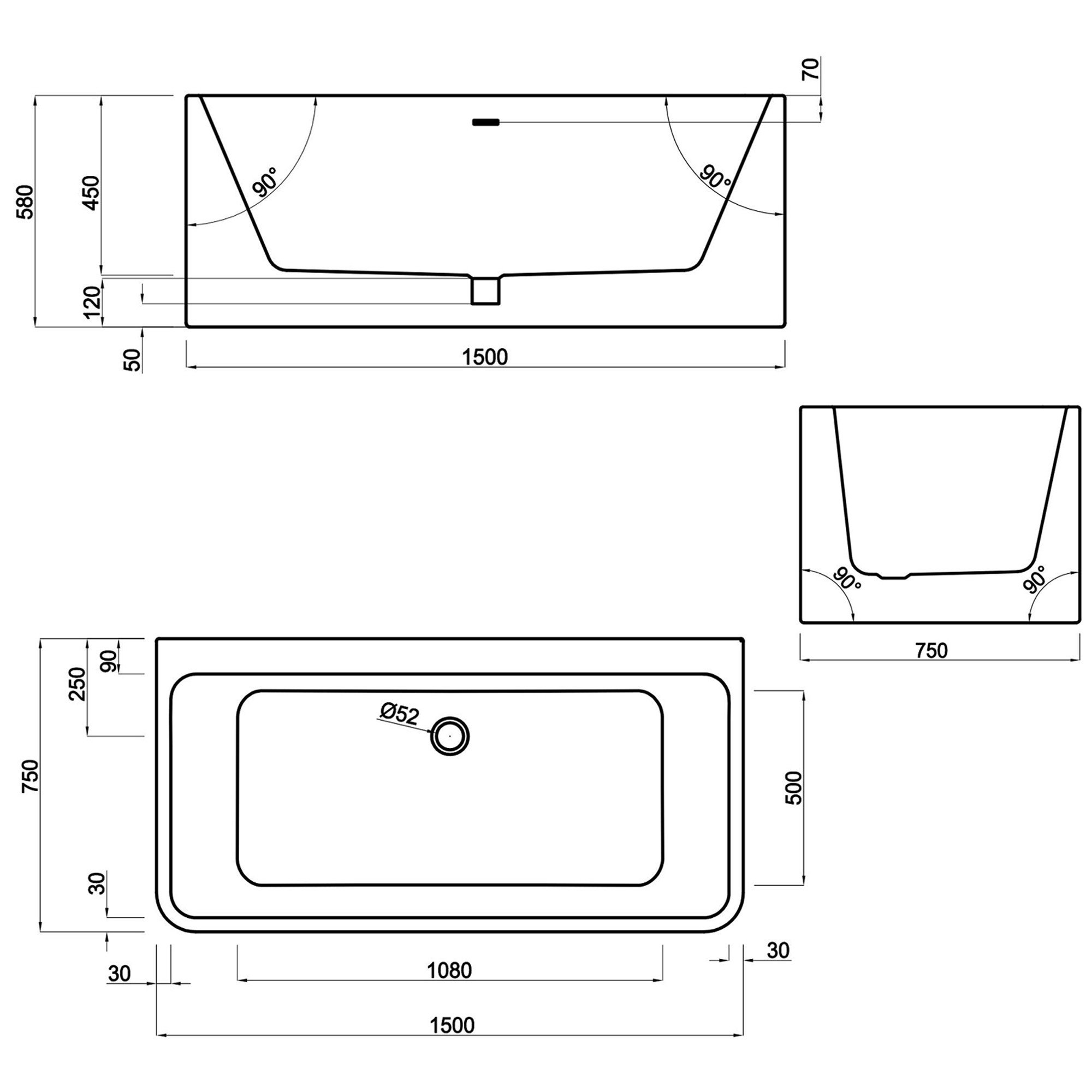 Expert Homewares Eugene Rectangle Acrylic Back to Wall Bath with ...