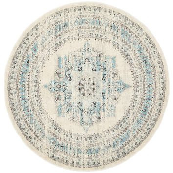 Network Rugs White & Blue Transitional Distressed Round Rug | Temple ...