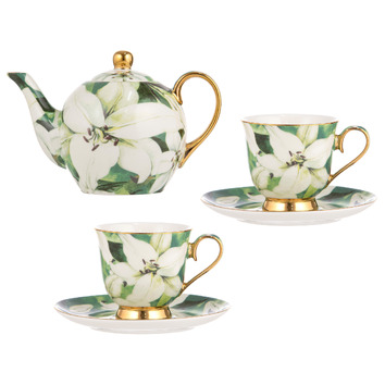 5 Piece White Lily Bold Blooms Teapot & Cup Set | Temple & Webster