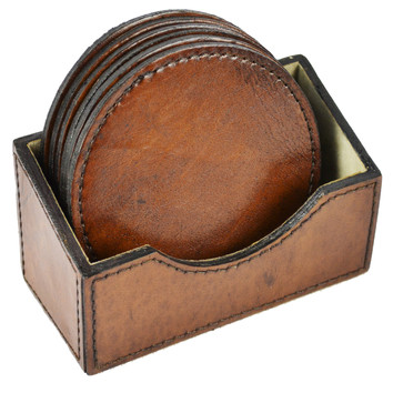 Kundra Red Tan Leather Round Coasters | Temple & Webster