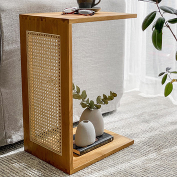 Temple & Webster Ollie C-Shaped Oak Wood & Rattan Side Table