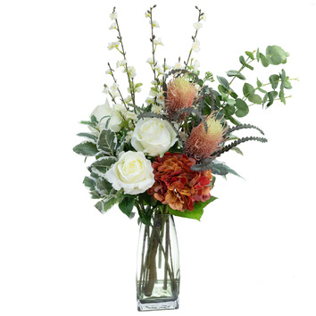 GlamorousFusion 80cm Faux Hydrangea & Banksia Arrangement with Glass ...