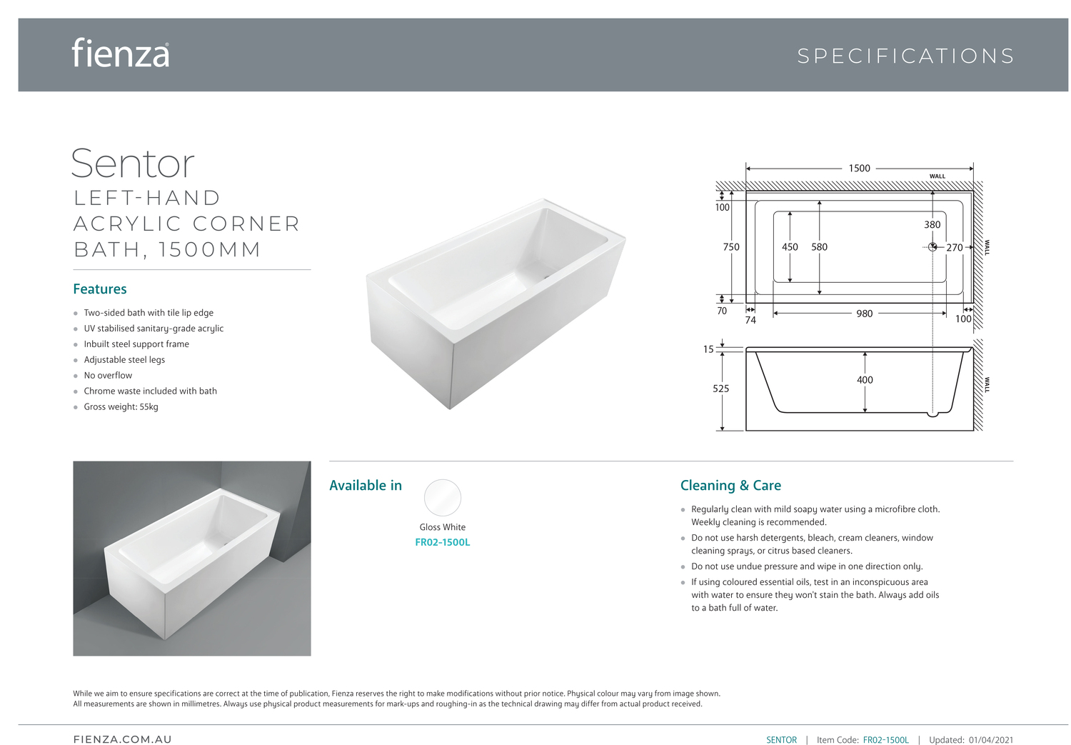Sentor 1650mm Left Hand Acrylic Bath Tub | Temple & Webster