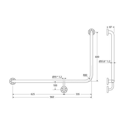 Accessible 960 x 600mm Stainless Steel Left-Hand Grab Rail | Temple ...