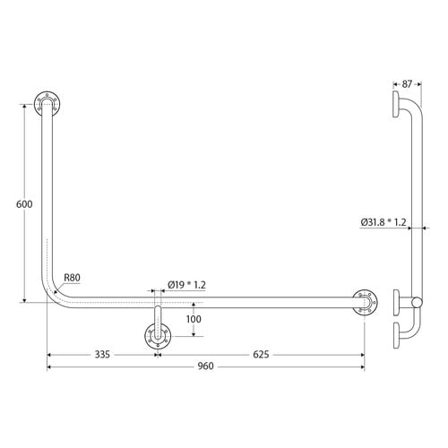 Accessible 960 x 600mm Stainless Steel Right-Hand Grab Rail | Temple ...