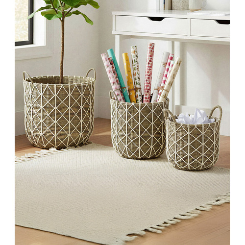3 Piece Ember Woven Seagrass & Cotton Basket Set | Temple & Webster