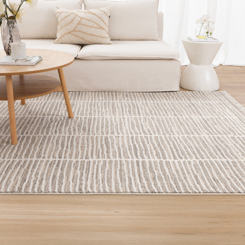 Beige & Grey Dalila Thick Lines Rug | Temple & Webster