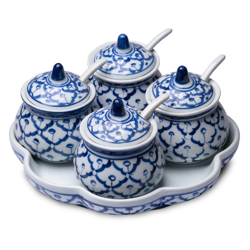 Bouquet House 5 Piece Blue Ceramic Condiment Jar Set | Temple & Webster