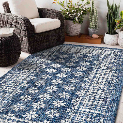 Home & Lifestyle Pearl Blue Floral Power-Loomed Indoor/Outdoor Rug ...