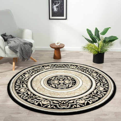 Lotus Rugs Black & Cream Solstone Power-Loomed Round Rug | Temple & Webster