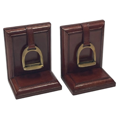 Kundra Brown Small Leather Bookends with Stirrup | Temple & Webster