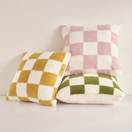 Aldrin Home Checkered Plush Faux Fur Cushion | Temple & Webster