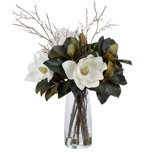 The Home Collective 75cm Faux Magnolia Grandiflora with Glass Vase ...