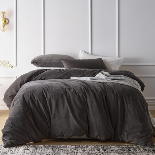 Vintage Design Storm Grey Cotton Velvet Quilt Cover Set | Temple & Webster