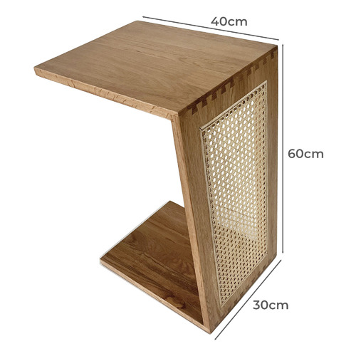 Temple & Webster Ollie C-Shaped Oak Wood & Rattan Side Table