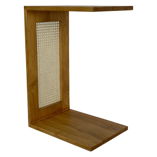 Temple & Webster Ollie C-Shaped Oak Wood & Rattan Side Table