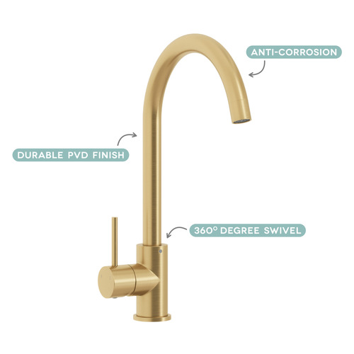 Temple & Webster Clovelly Brushed Gold Gooseneck Sink Mixer & Bowral ...