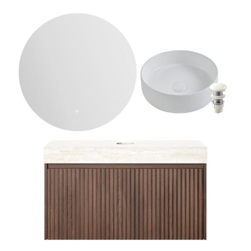 Temple & Webster Florence Walnut 900mm Wall Hung Vanity & LED Mirror ...