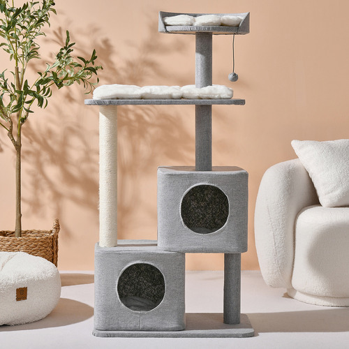 CharliesPetProduct Wabi Sabi Faux Linen Double Cubby Cat Tree | Temple ...