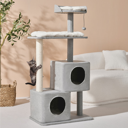 CharliesPetProduct Wabi Sabi Faux Linen Double Cubby Cat Tree | Temple ...