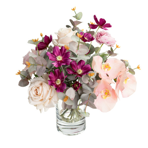 42cm Faux Orchid & Cosmo Arrangement with Glass Vase | Temple & Webster