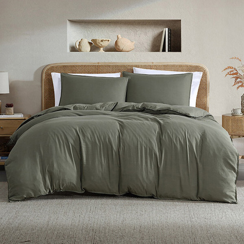 Khaki Ricki Vintage-Look Quilt Cover Set | Temple & Webster