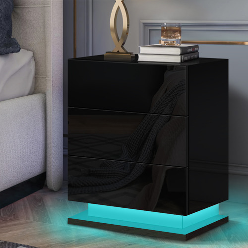 HoxtonRoom Nigel 3 Drawer Bedside Table with LED Light | Temple & Webster