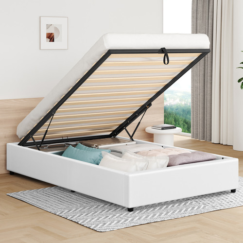 HoxtonRoom White Tiago Faux Leather Gas Lift Bed Base | Temple & Webster