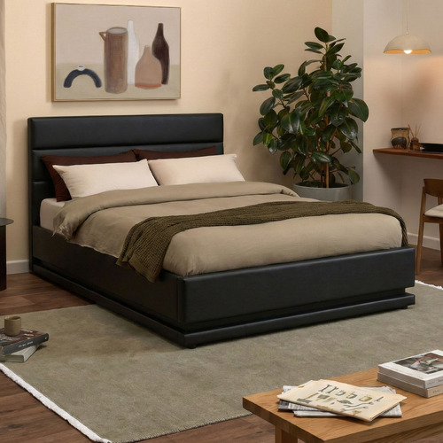 HoxtonRoom Black Alpine PU Leather Gas Lift Storage Bed with LED ...