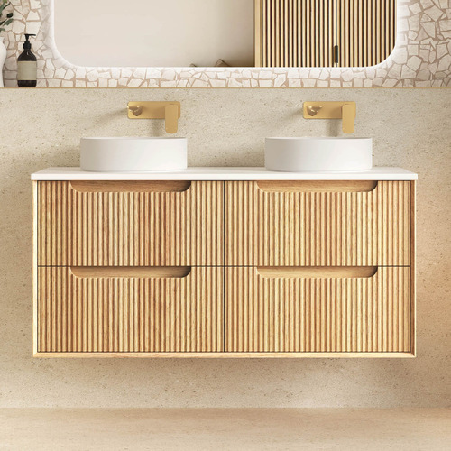 Byron Fluted 1200mm Woodland Oak Wall Hung Double Vanity with Countertop | Temple & Webster