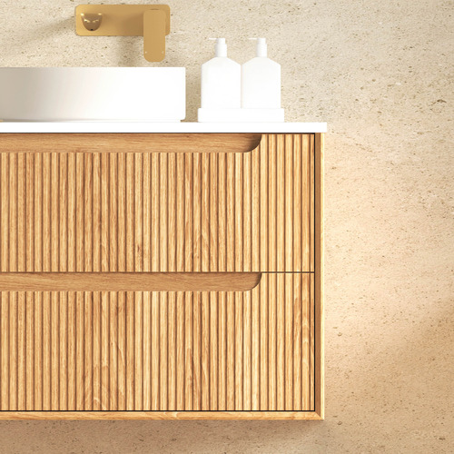 Byron Fluted 1200mm Woodland Oak Wall Hung Double Vanity with Countertop | Temple & Webster