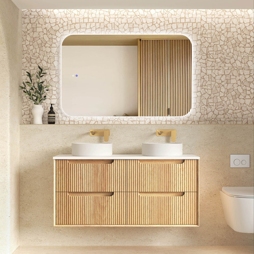 Byron Fluted 1200mm Woodland Oak Wall Hung Double Vanity with Countertop | Temple & Webster