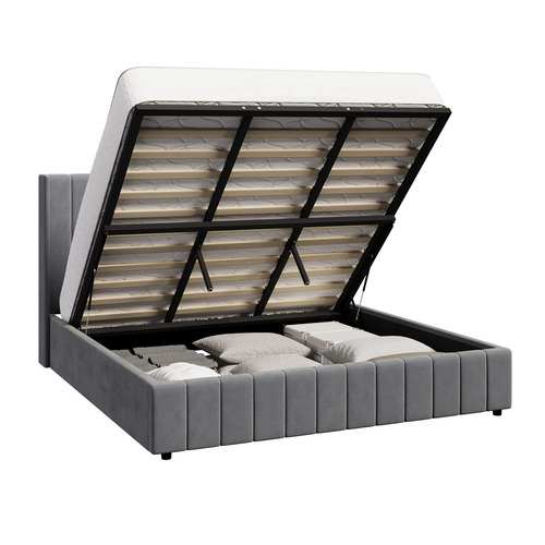 LivingFusion Meier Velvet Gas Lift Storage Bed Frame | Temple & Webster