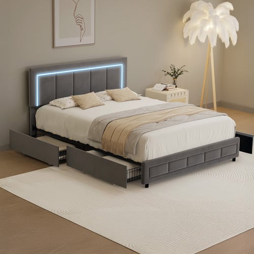 LivingFusion Akela Velvet Bed Frame with LED & Drawers | Temple & Webster