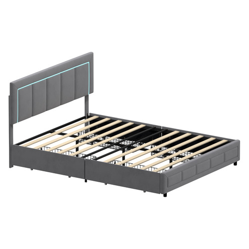 LivingFusion Akela Velvet Bed Frame with LED & Drawers | Temple & Webster