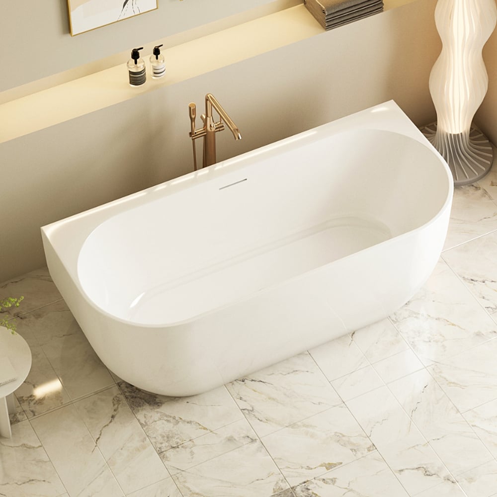 Nueva Bathware Esme Gloss White Acrylic Back to Wall Bath with Overflow ...
