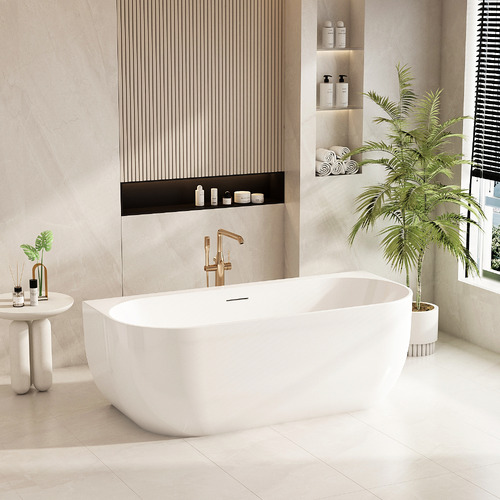 Nueva Bathware Esme Gloss White Acrylic Back to Wall Bath with Overflow ...