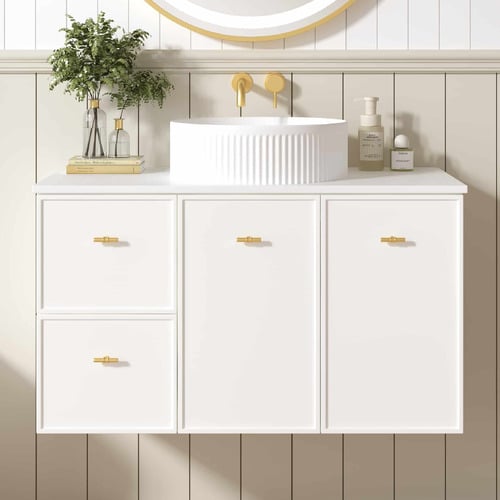 Wailani 900mm Matte White Wall Hung Single Vanity with Stone Countertop ...