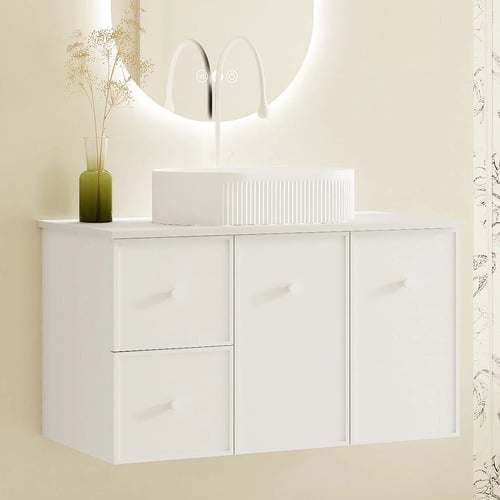 Palila 900mm Matte White Wall Hung Single Vanity with Stone Countertop ...