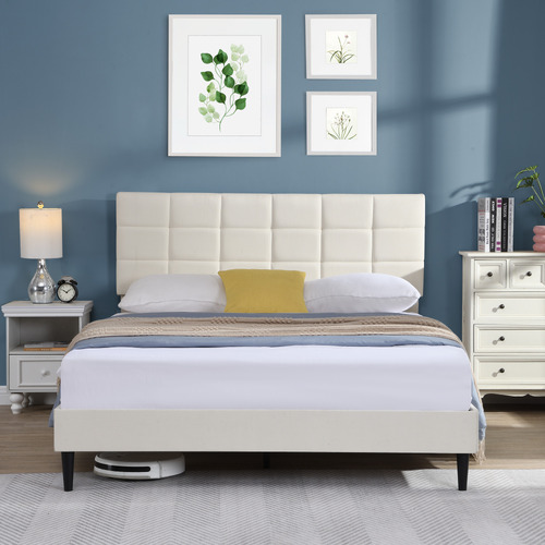 Cassington_Home Beige Hebe Upholstered Platform Bed | Temple & Webster