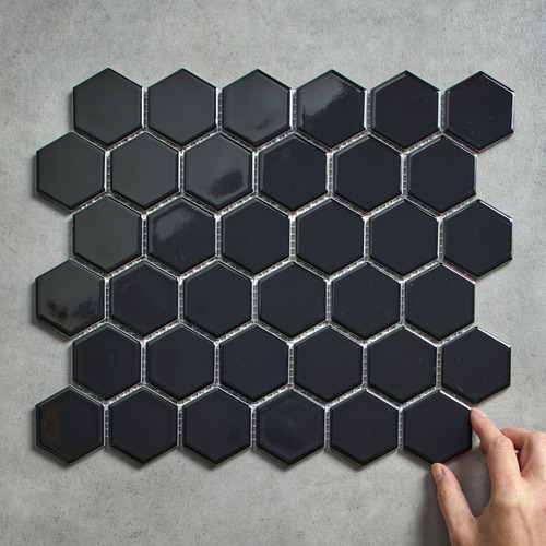 Remi 325 x 281mm Gloss Black Hexagon Porcelain Mosaic Tile | Temple ...