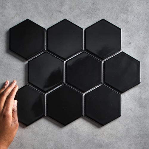 Remi 256 x 296mm Gloss Black Hexagon Porcelain Mosaic Tile | Temple ...