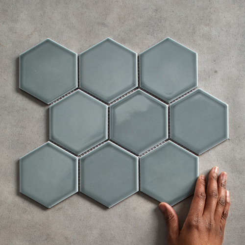 Remi 256 x 296mm Gloss Water Green Hexagon Porcelain Mosaic Tile ...