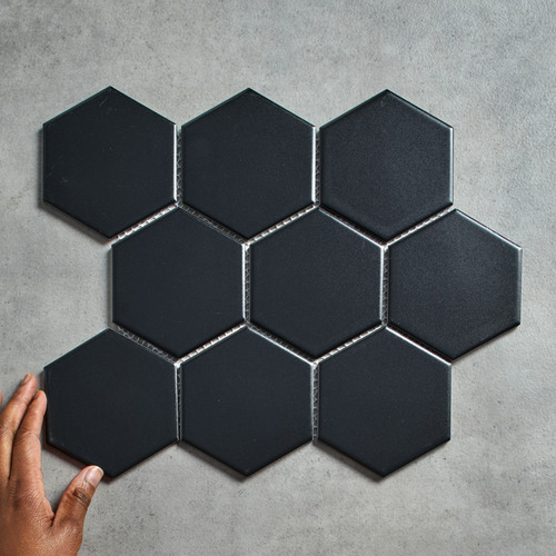 Remi 256 x 296mm Matt Black Hexagon Porcelain Mosaic Tile | Temple ...