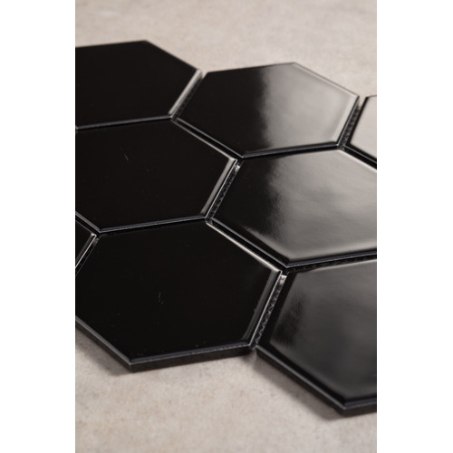 Remi 256 x 296mm Gloss Black Hexagon Porcelain Mosaic Tile | Temple ...